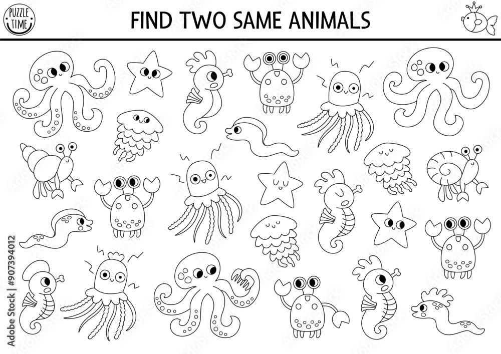Find two same water animals. Black and white ocean kingdom matching ...