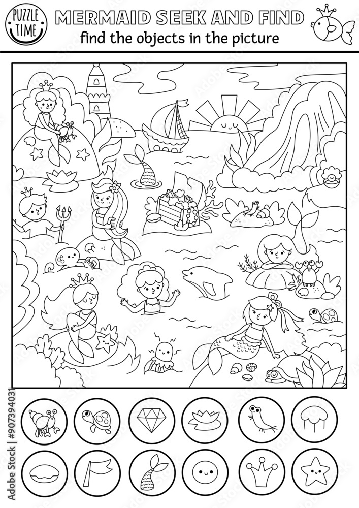 Mermaid vector black and white searching game with sea lagoon landscape ...