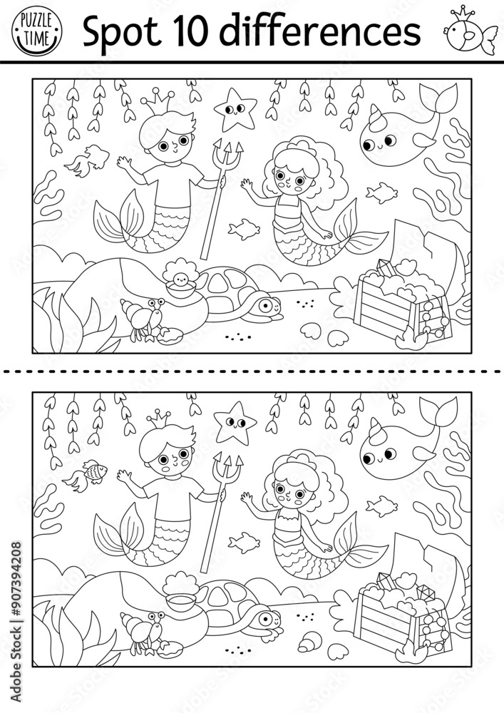 Find differences game. Mermaid black and white educational activity ...