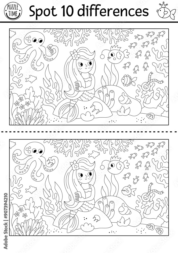 Vetor de Find differences game. Mermaid black and white educational ...