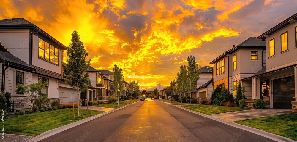 Street lined with two-story luxury homes in a suburban neighborhood ...
