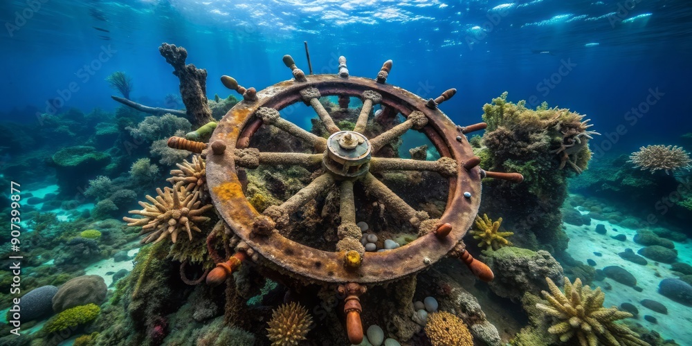 Rusty, barnacle-encrusted ship's wheel lies abandoned on the ocean ...
