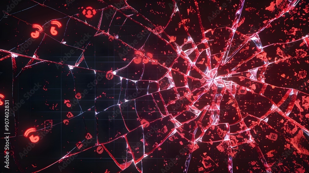 Cracked Digital Screen with Glowing Red Warning Symbols,Futuristic ...
