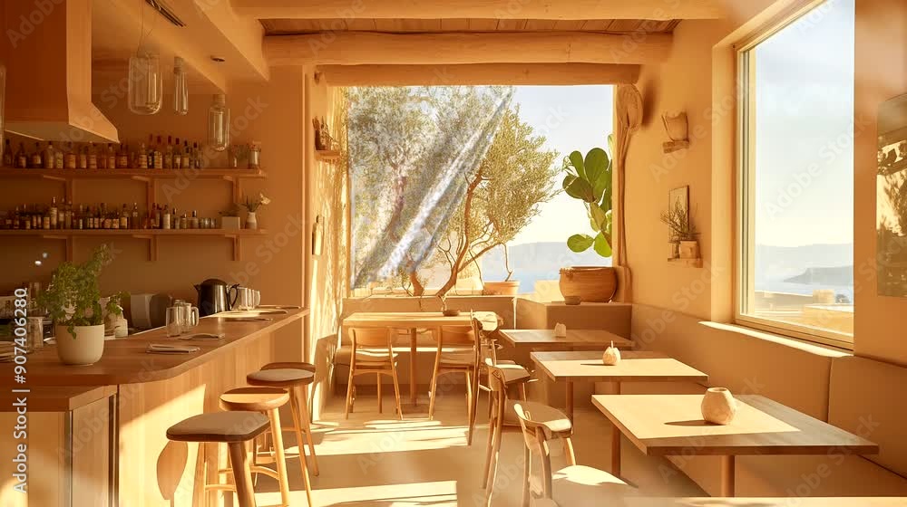 Light and airy restaurant with a view of the sea. Seamless loop video ...