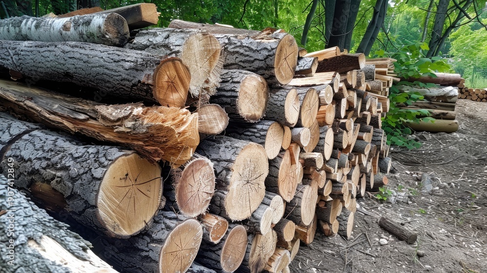 The stacking of pine and deciduous tree logs Battling deforestation ...