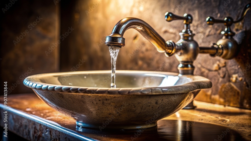 Aged faucet leaky dripping water droplets onto worn porcelain sink ...