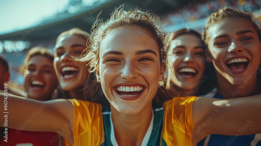Happy athletes from various sports backgrounds, smiling and cheering ...
