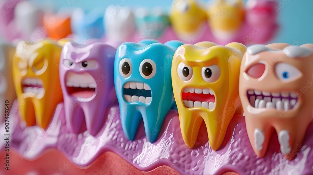 Vibrantly colored, cartoonish teeth models with expressive faces ...