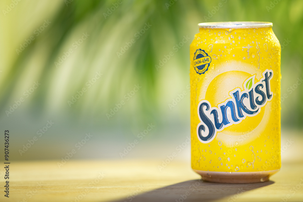 Vibrant and refreshing can of Sunkist lemon-lime which is covered in ...