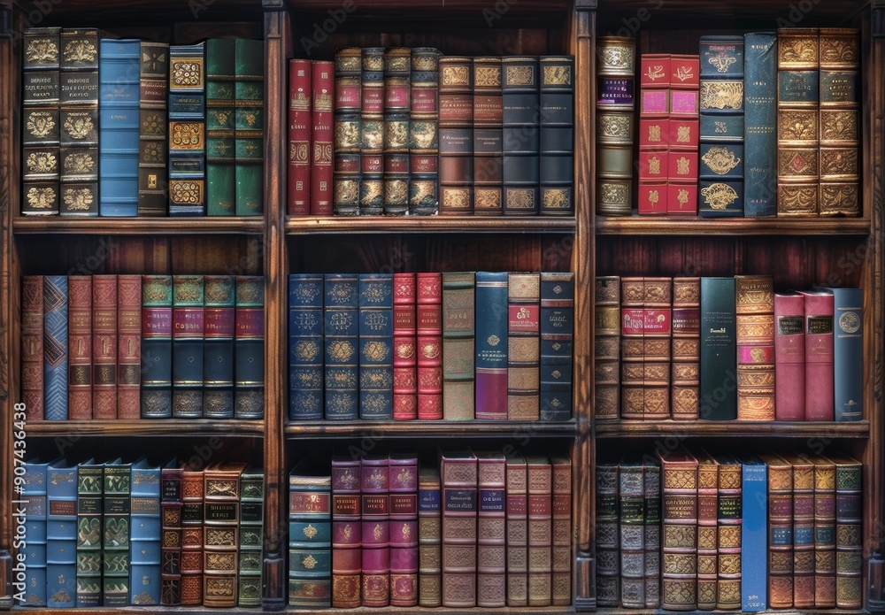 Vintage bookshelf. Bookcase of library. Classical book and literature ...