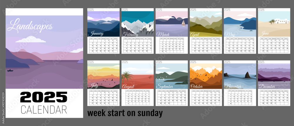 Abstract nature calendar for 2025 with flat minimal landscapes ...