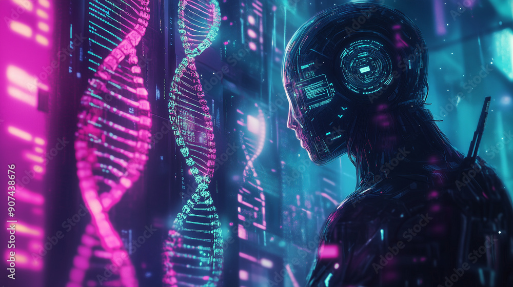 An AI analyzing genetic data, abstract representation of DNA, AI in the ...