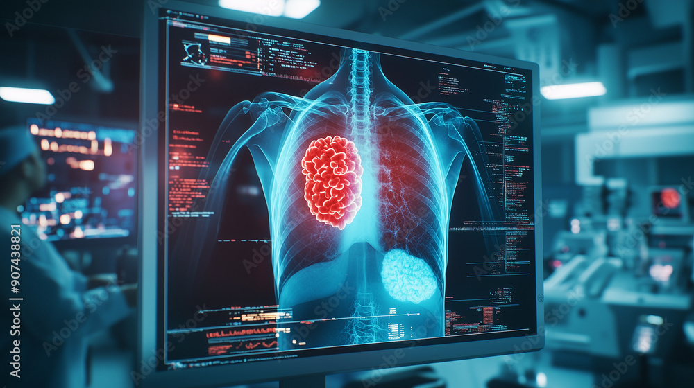 A highly detailed X-ray scan of a human chest, highlighting a tumor in ...