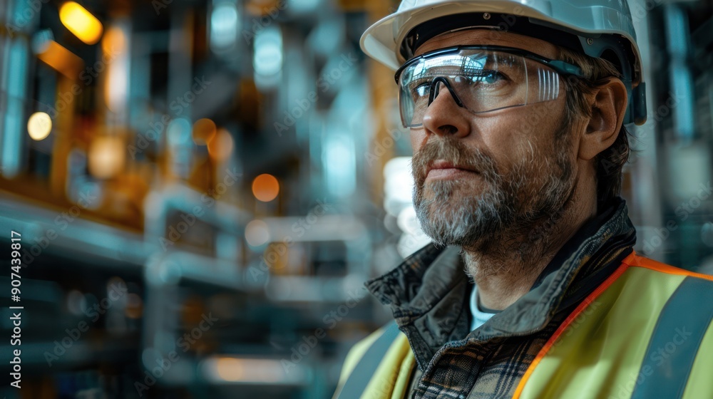 Engineer with a safety helmet, glasses, and reflective vest ...