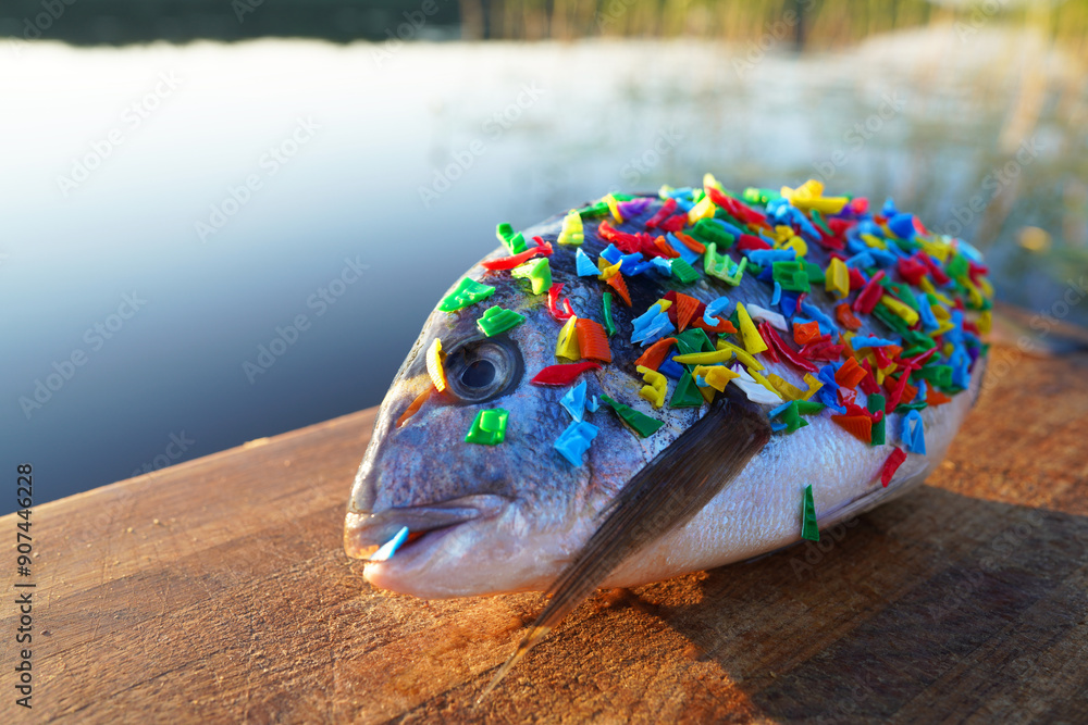 Microplastics in Fish. Dead fish in sea, eats plastic waste. Ocean ...
