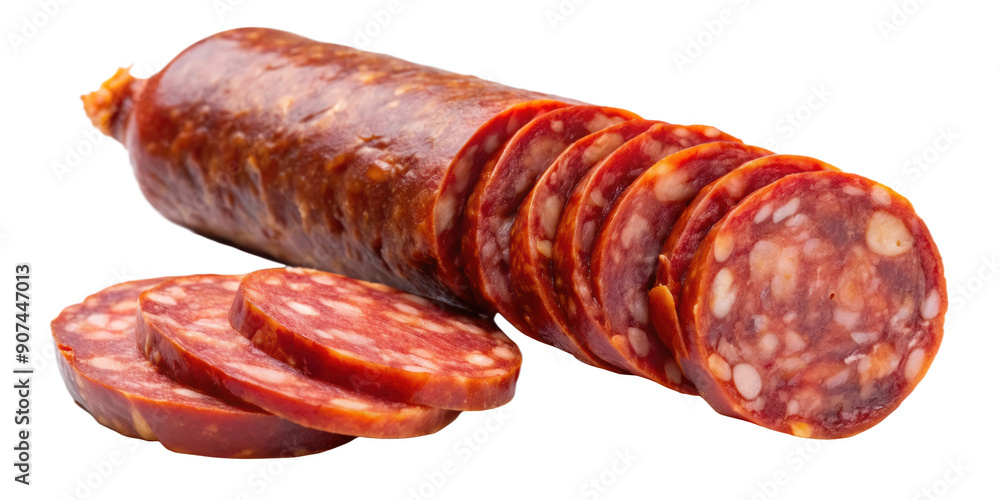 Whole and sliced chorizo sausage, showing its full length and detailed ...