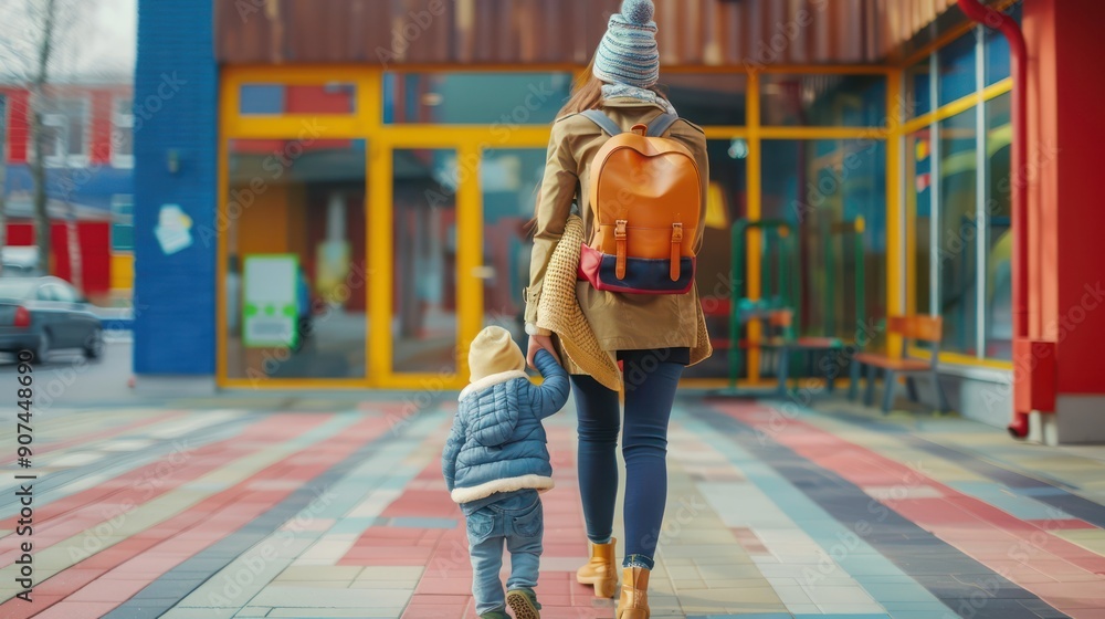 Photo & Art Print Parent dropping off their child at a daycare facility ...