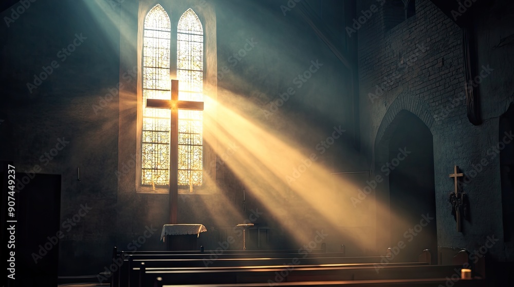 Beam of light illuminating the cross in a church, representing the ...