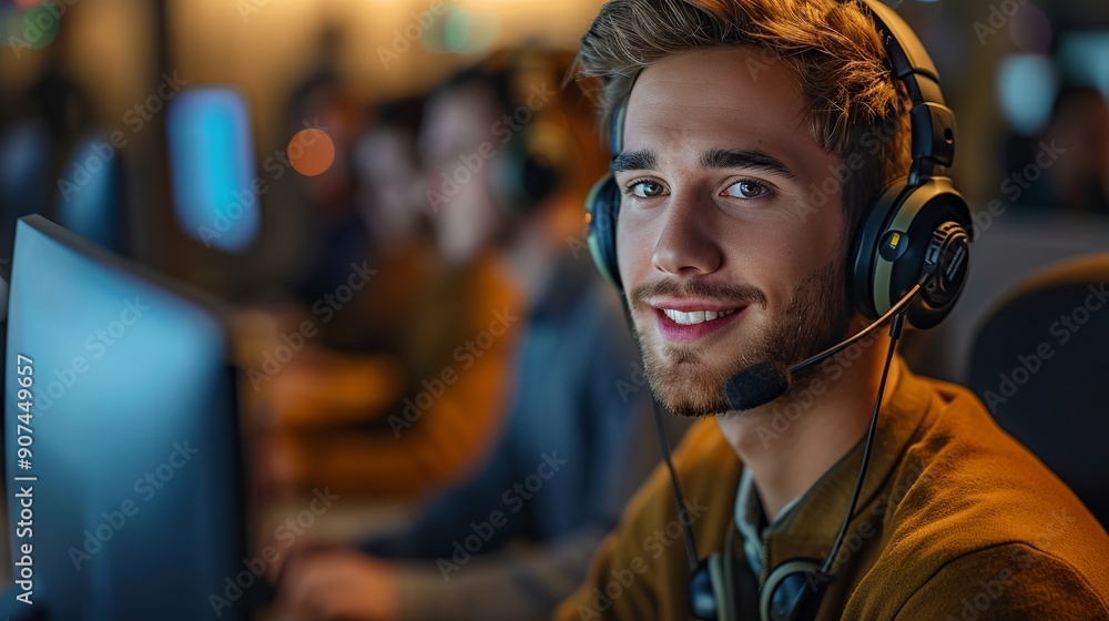 Dedicated call center worker collaborating with supportive team in a ...