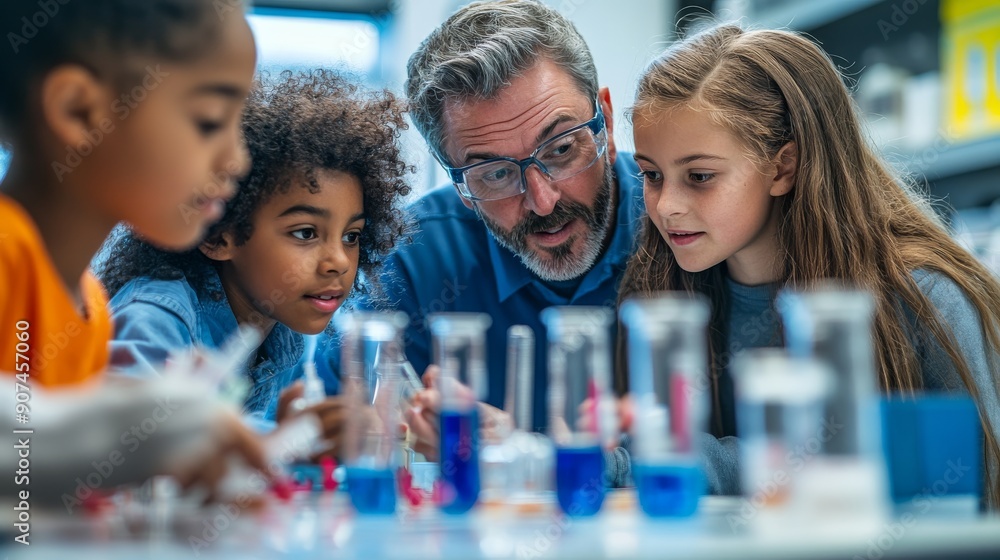 A teacher guides three engaged students as they conduct a hands-on ...