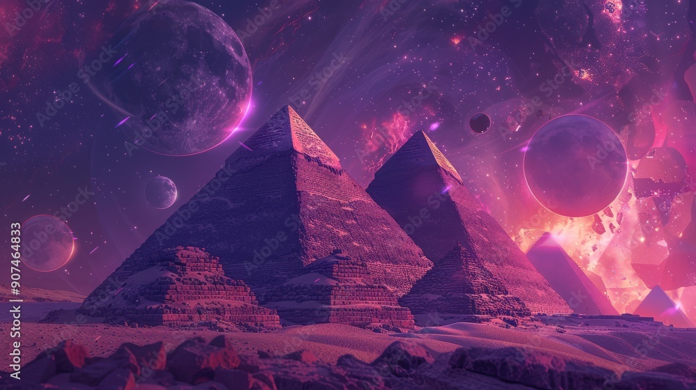 Digital art of the Pyramids in Egypt with a cosmic background ...