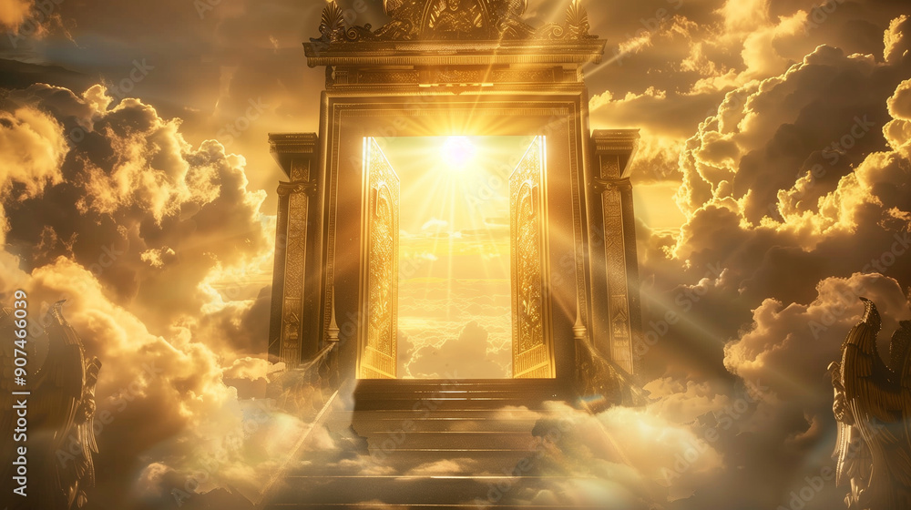 Epic golden gates of heaven with radiant sun rays and fluffy clouds ...
