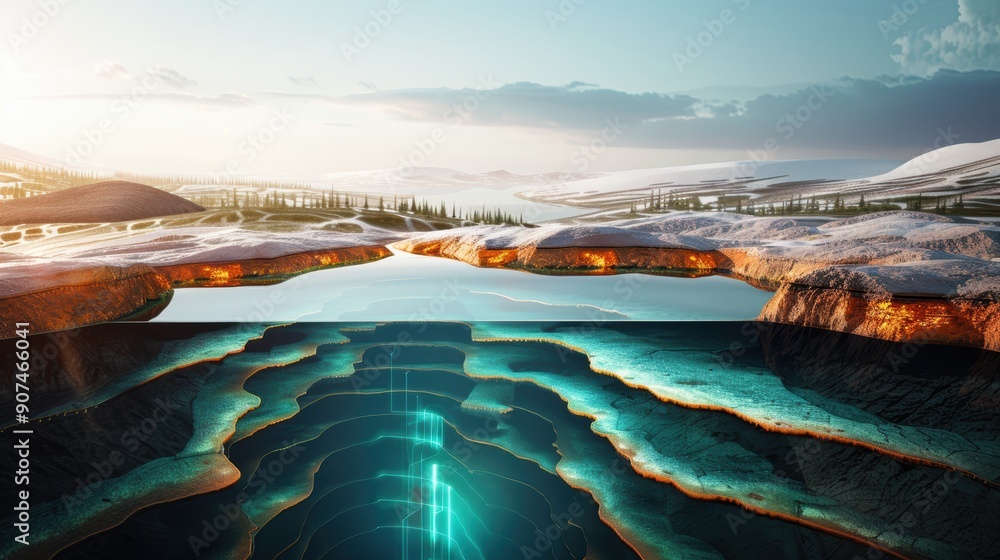 Design a detailed digital artwork of underground geothermal reservoirs ...