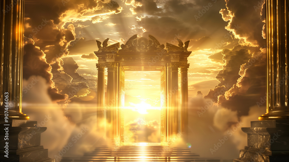 Epic golden gates of heaven with radiant sun rays and fluffy clouds ...