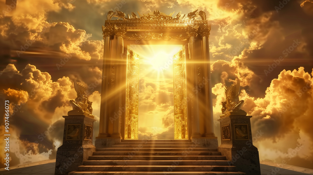Epic golden gates of heaven with radiant sun rays and fluffy clouds ...