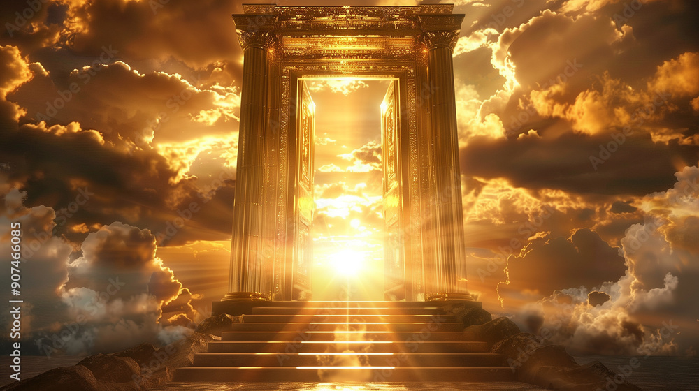 Epic golden gates of heaven with radiant sun rays and fluffy clouds ...