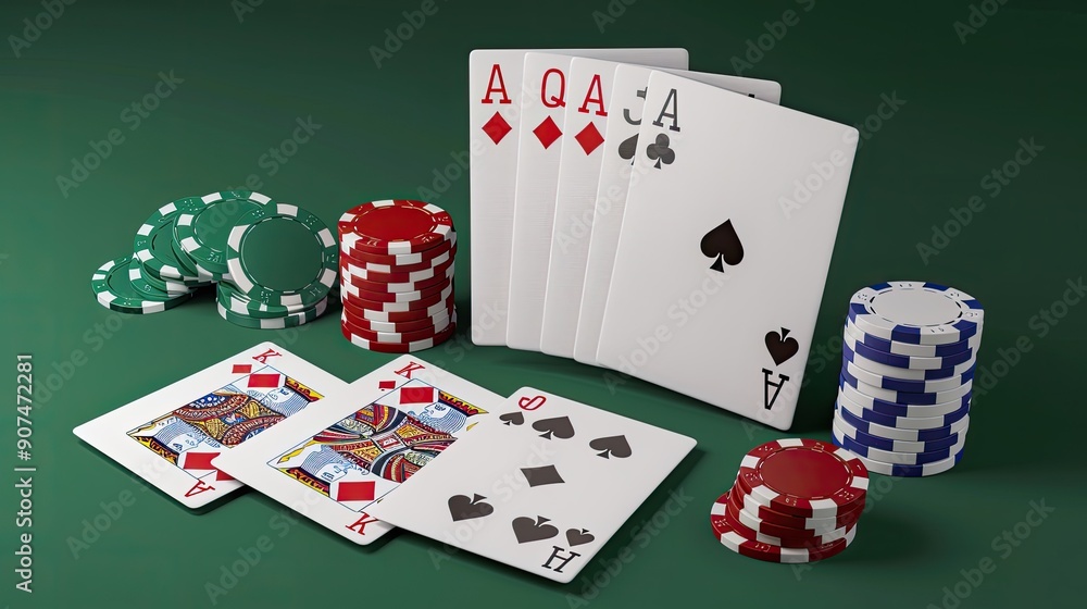 Poker set with isolated cards on a green background. Poker cards full ...