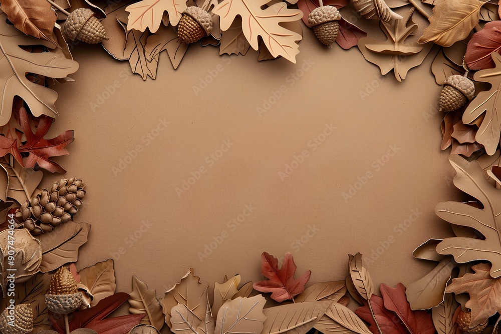 paper cut card border frame of autumn leaves and acorns on brown ...