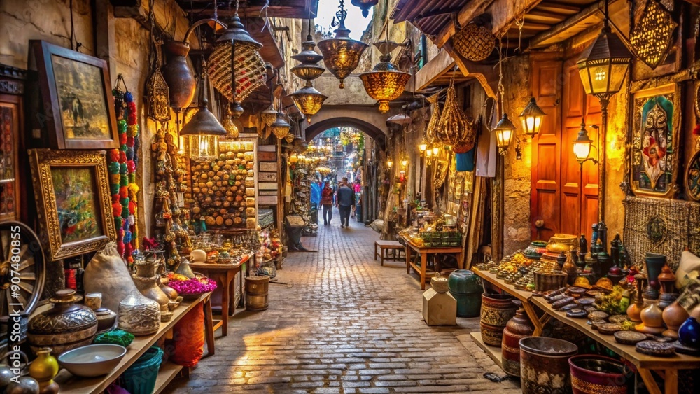 A narrow alleyway in a bustling marketplace, filled with strange ...