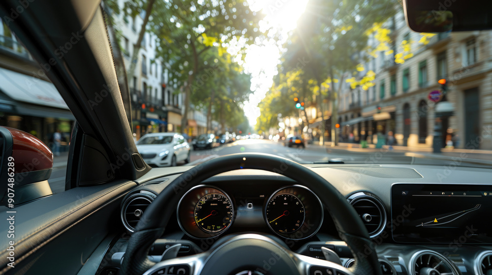 View from inside the car. The driver drives the vehicle. Steering wheel ...