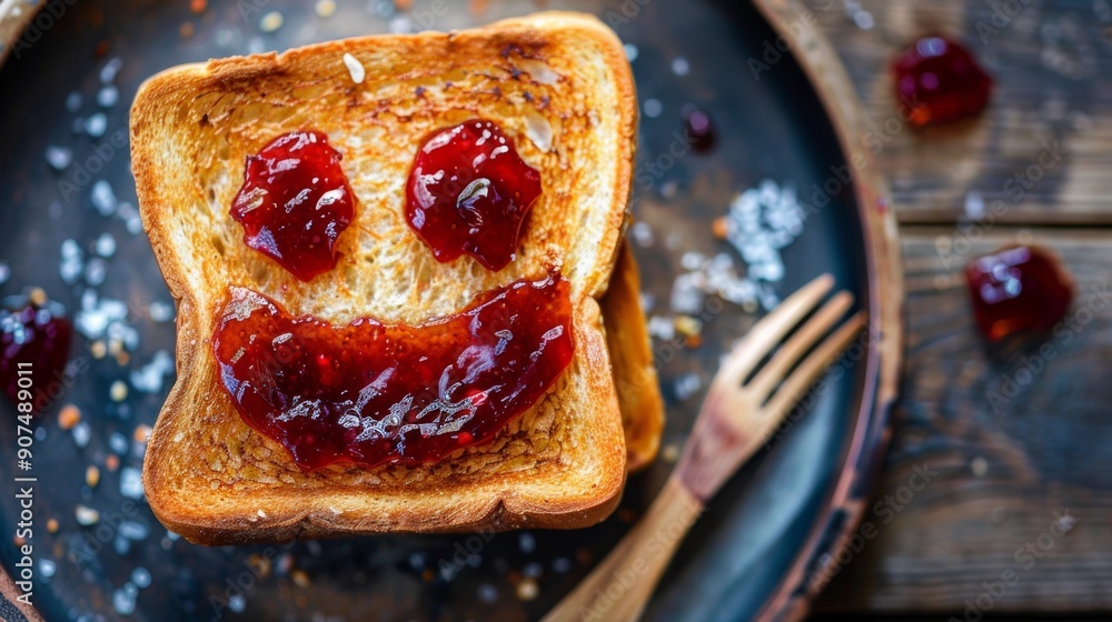 A toast with jam shaped like a happy face. Toasted bread in the shape ...