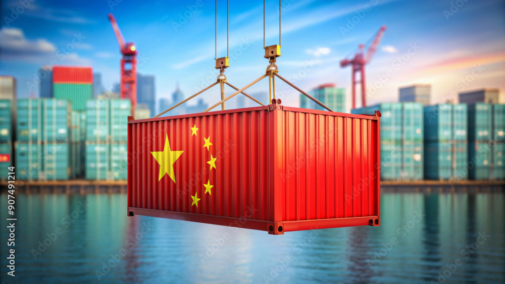 A large red container bearing the flag of China is suspended by cables ...