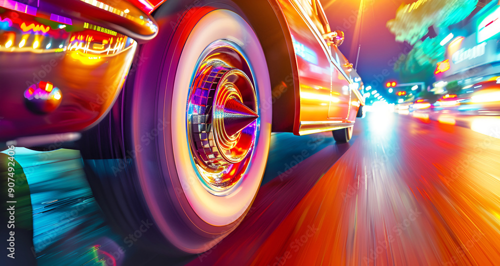 Brightly colored hot rod car speeding down a road with flames, hot rod ...