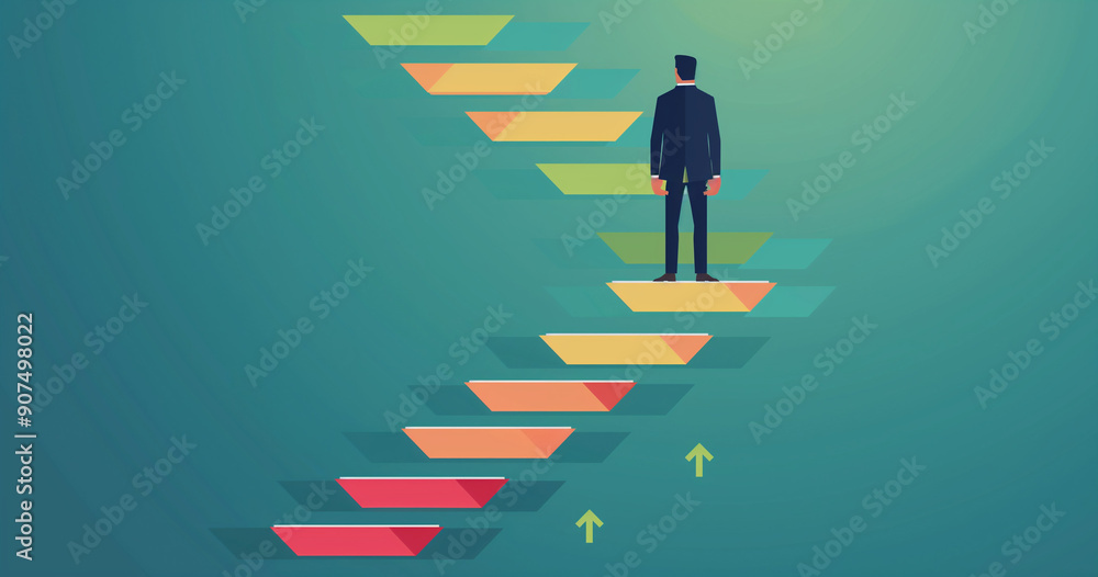 businessman standing on ladder Top-Down Approval Cascade, depicting ...