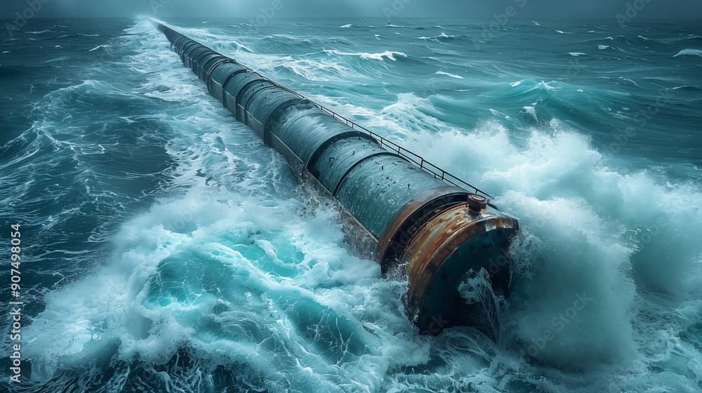 Massive underwater pipeline battling fierce ocean waves in stormy sea ...