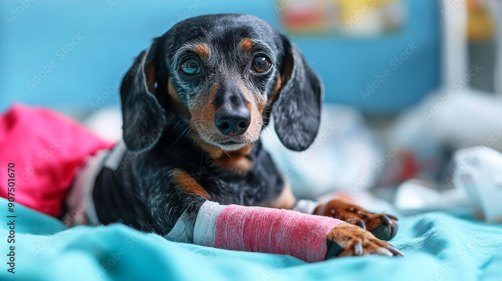 An injured dachshund is getting care in a hospital ward. The dog has ...