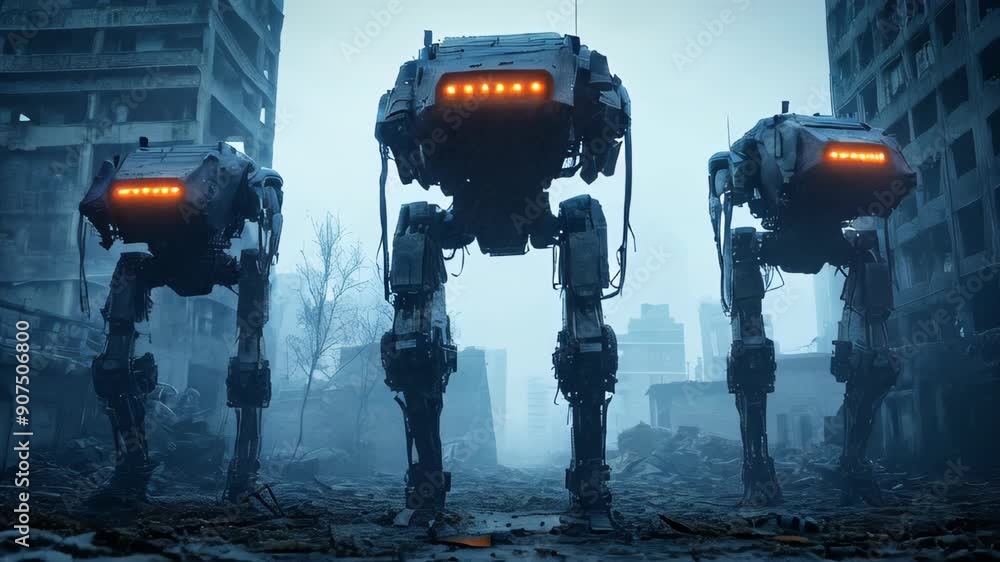 A giant battle robot in a post-apocalyptic setting Stock Video | Adobe ...