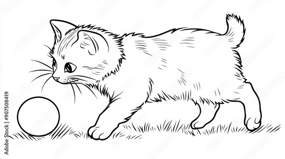 Cute cat coloring page for kids. Playful cat playing with a ball. Stock ...
