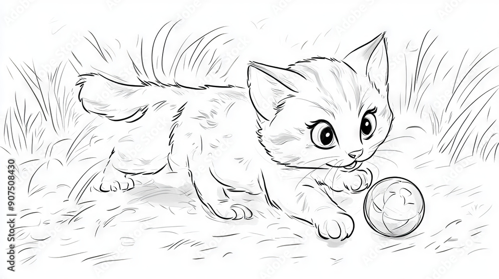 Cute cat coloring page for kids. Playful cat playing with a ball. Stock ...