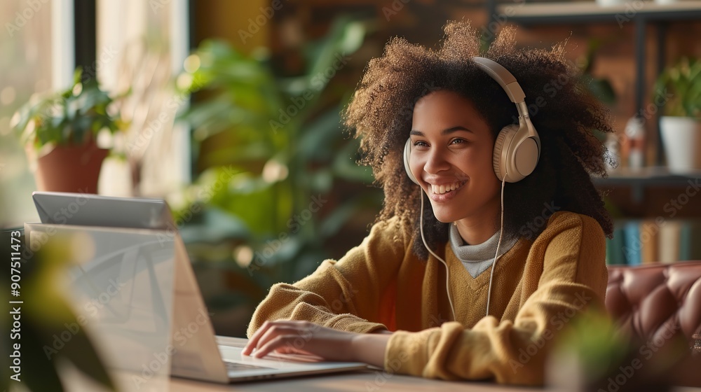 Smiling young woman wearing headphones engaged in a web conference ...