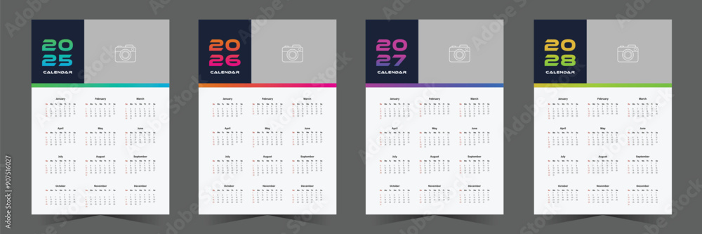 Modern wall calendar design for 2025, 2026, 2027, 2028. One page wall ...