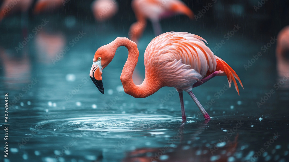The flamingo stands in the water, its pink feathers are reflected in ...