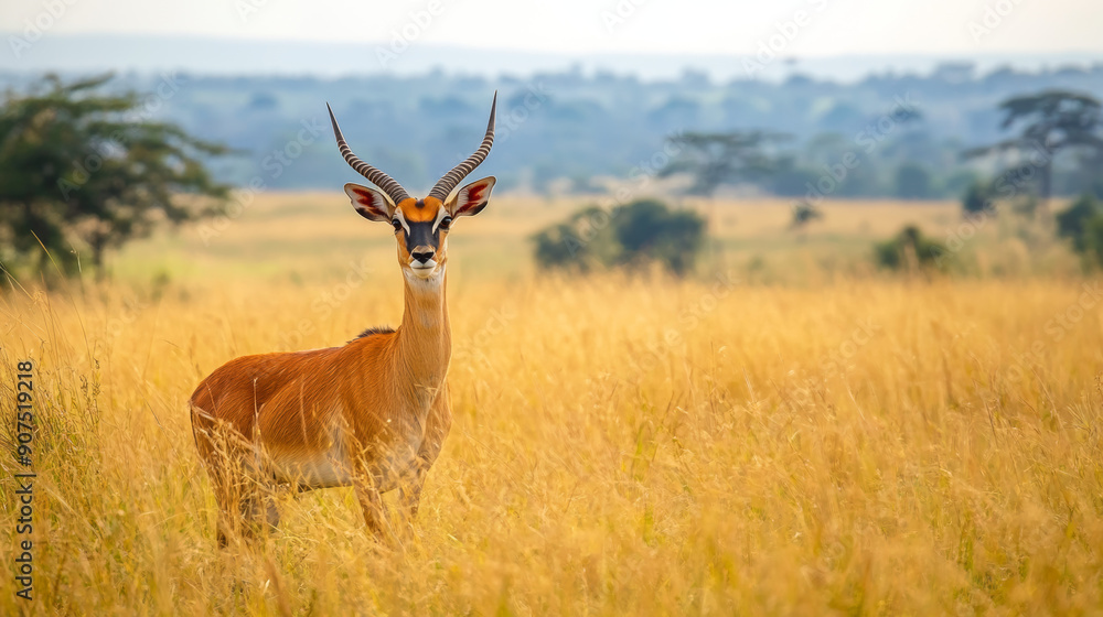 Ugandan antelope known as kob roaming in the golden fields of Murchison ...