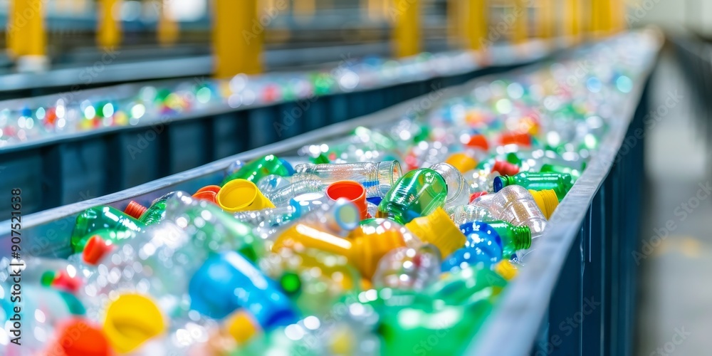 recycling conveyor belt filled with plastic bottles - environmental ...