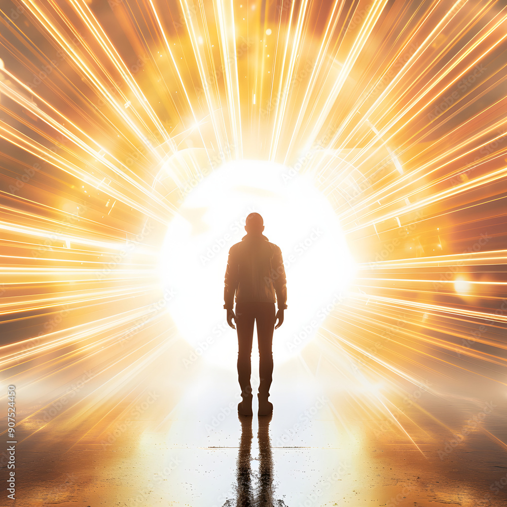 man stands in front of a light tunnel to new dimension, corridor with ...
