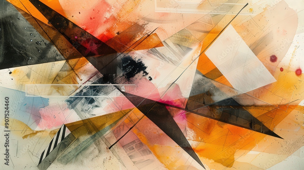 Abstract shapes and lines merge in an intriguing watercolor composition ...